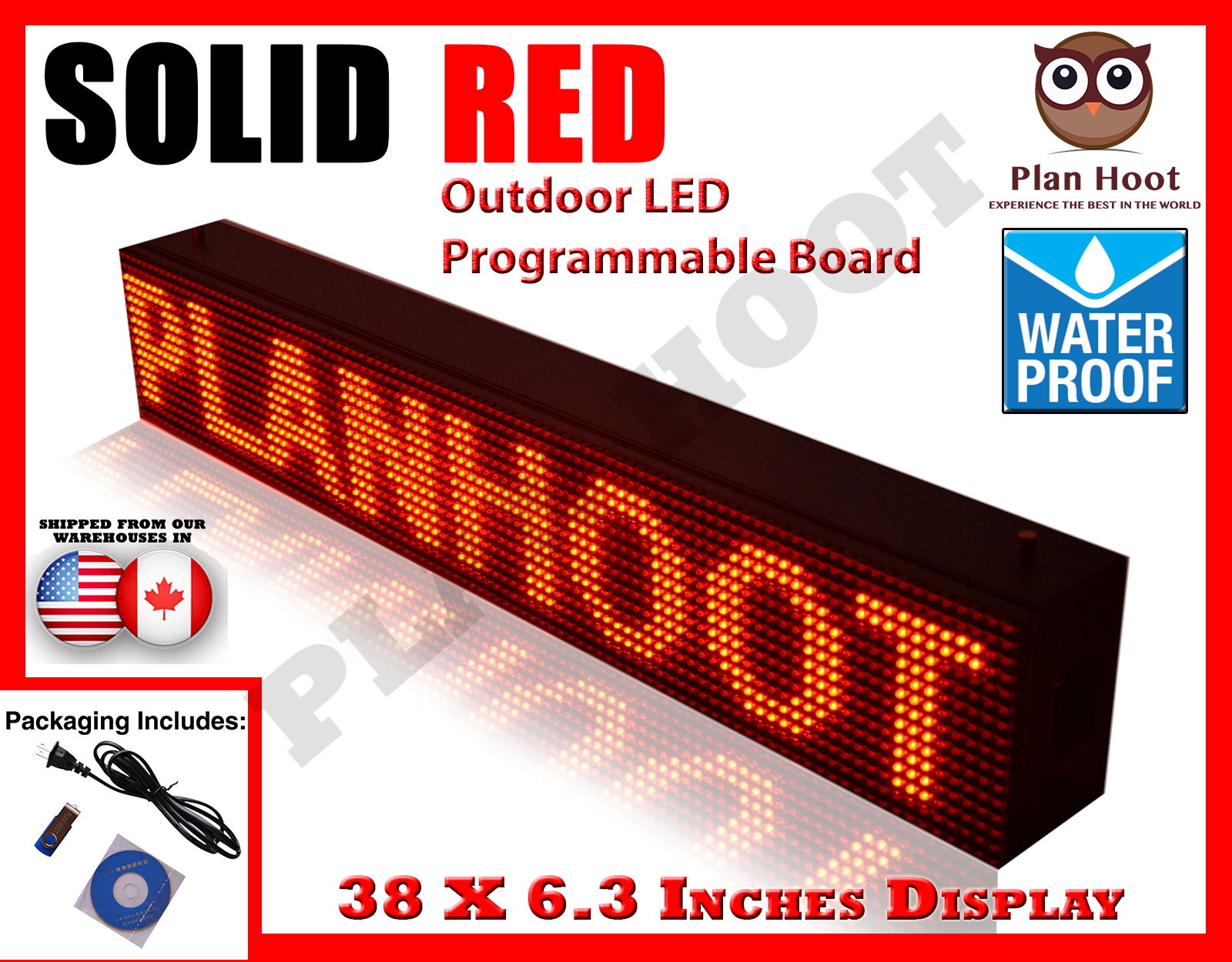 RED - 38"X6.3" LED PROGRAMMABLE SCROLLING SIGN - OUTDOOR (100% Water ...