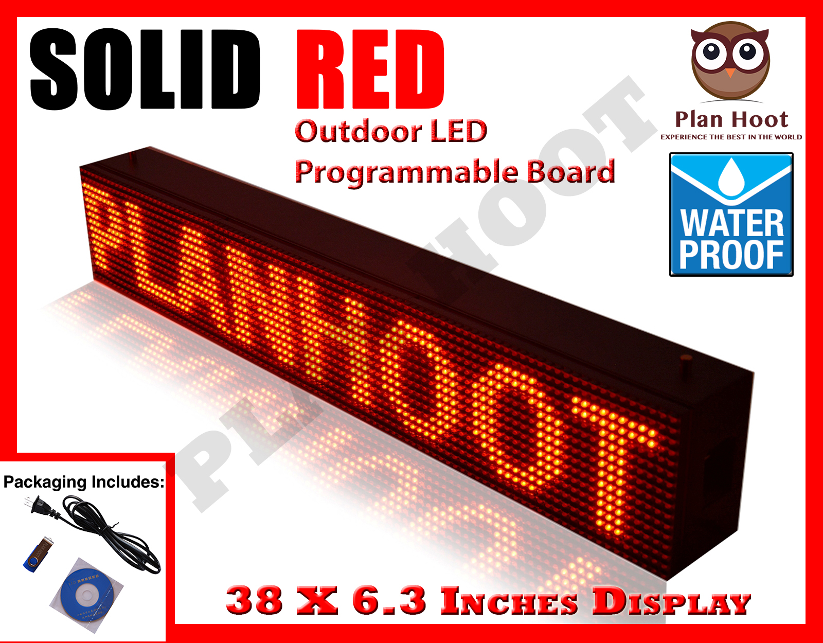 RED - 38"X6.3" LED PROGRAMMABLE SCROLLING SIGN - OUTDOOR (100% Water ...